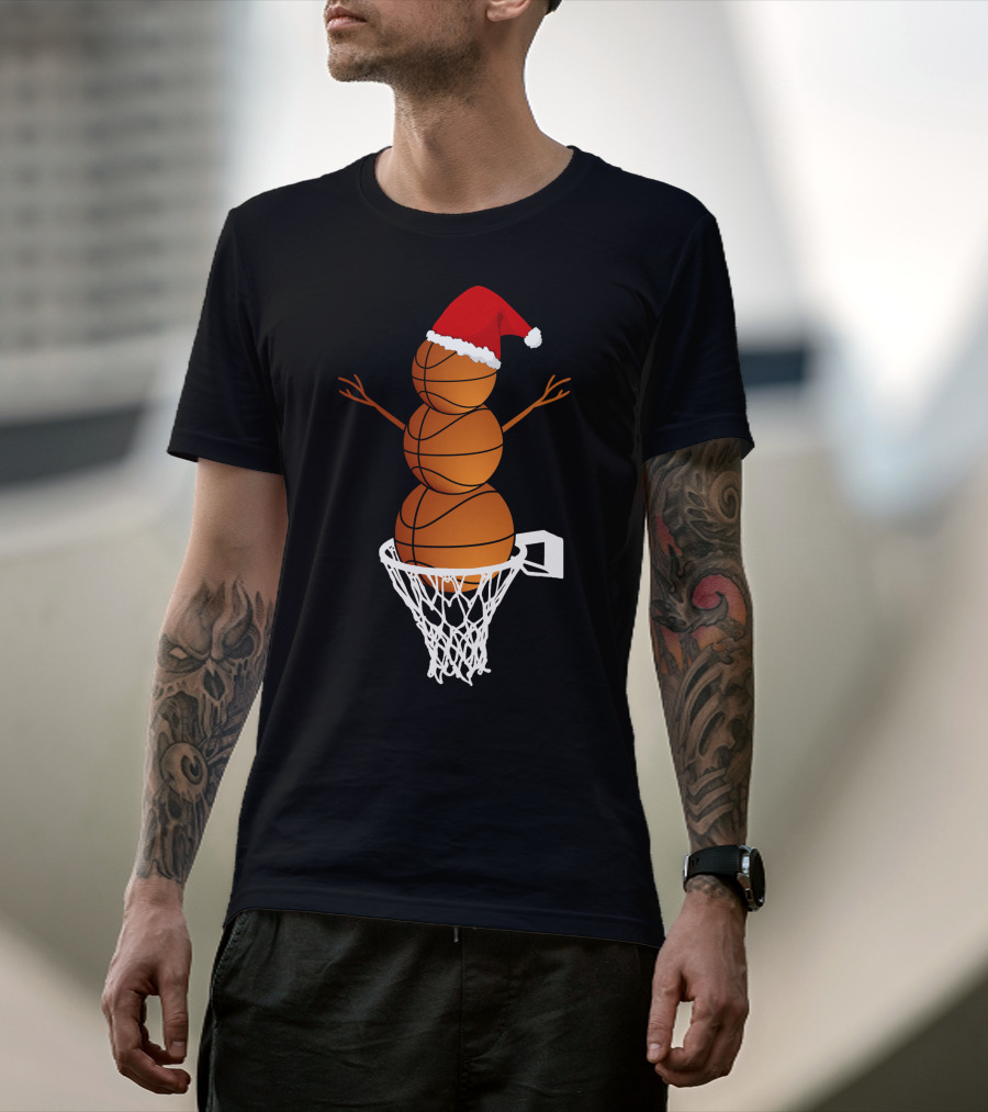 Basketball Snowman With Santa Hat In Hoop T-Shirt