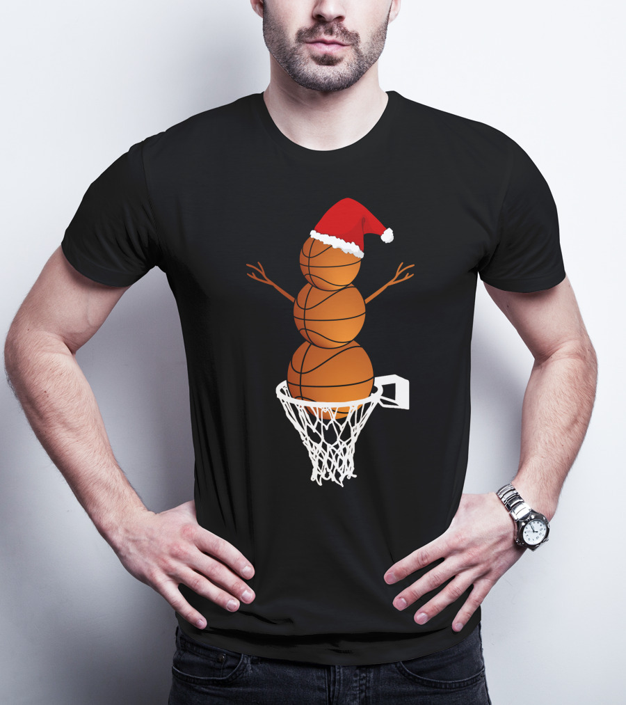Basketball Snowman With Santa Hat In Hoop T-Shirt