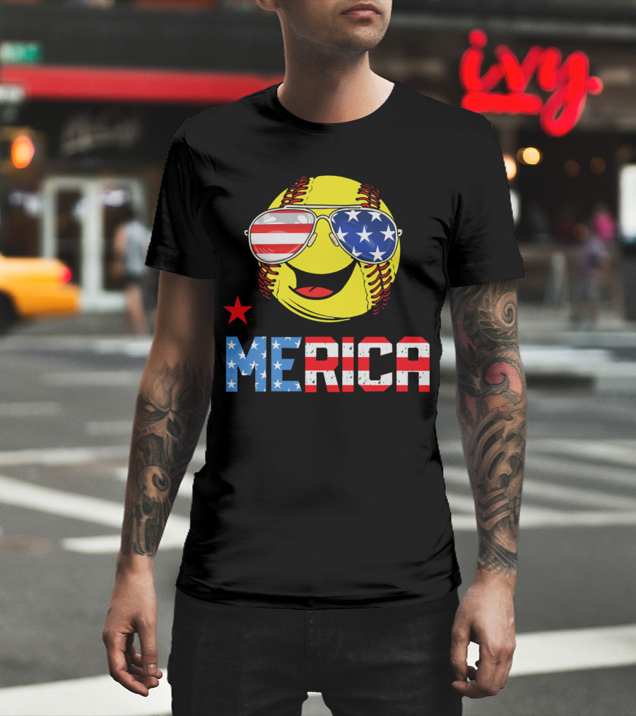 Softball MERICA Smiling Baseball With American Flag Sunglasses T-Shirt