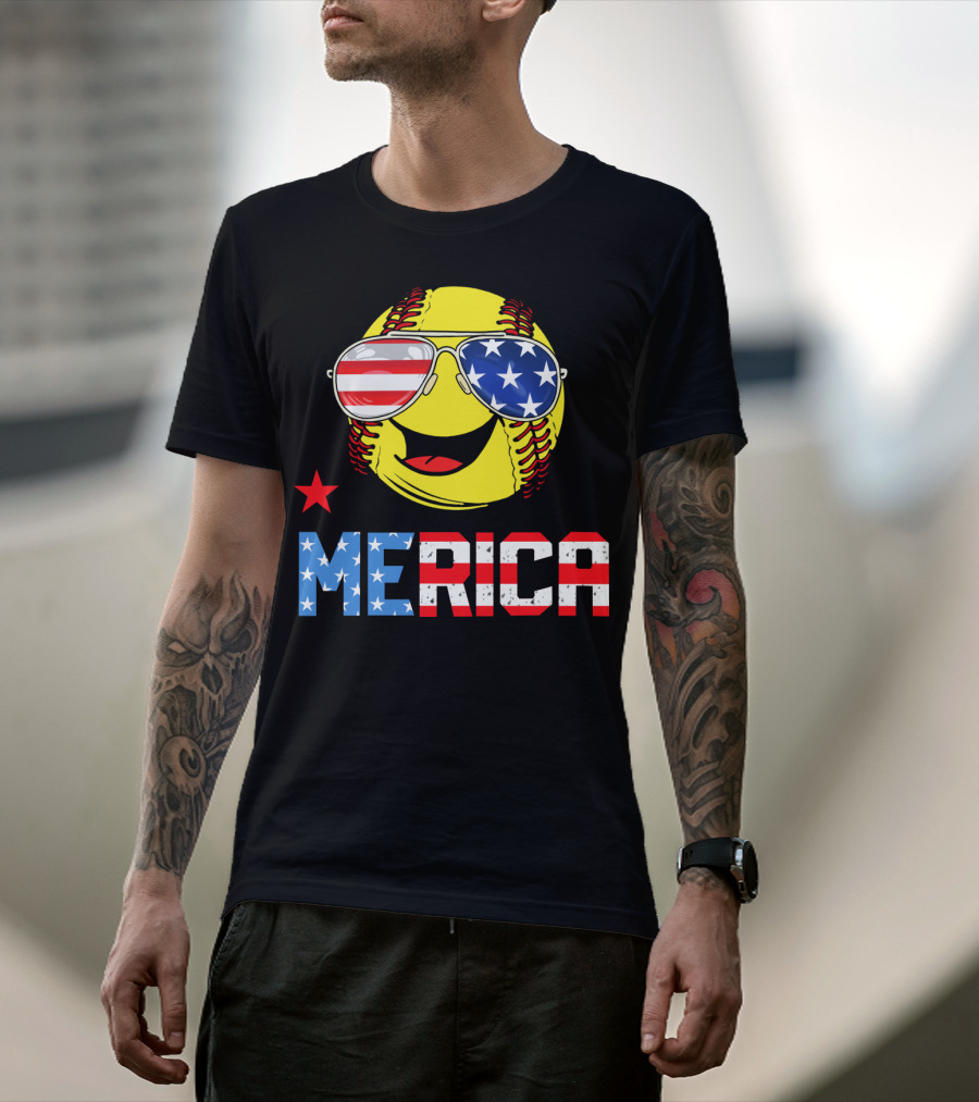Softball MERICA Smiling Baseball With American Flag Sunglasses T-Shirt