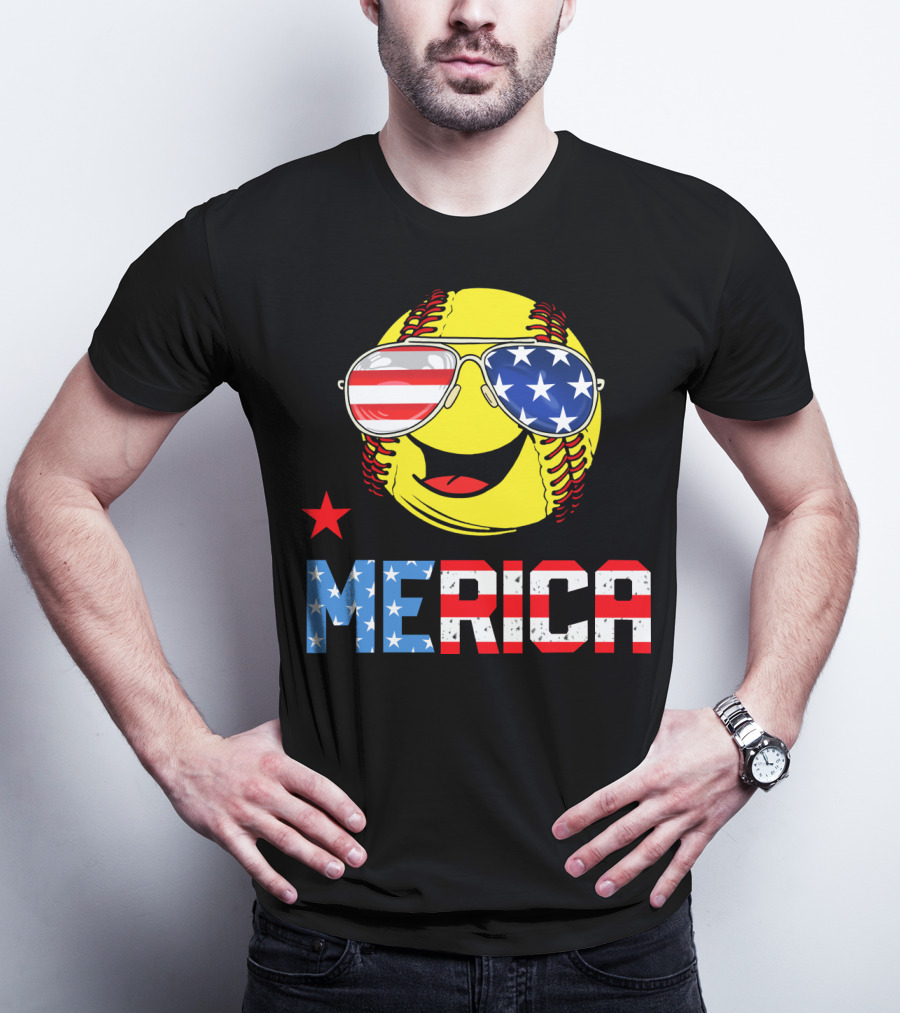 Softball MERICA Smiling Baseball With American Flag Sunglasses T-Shirt
