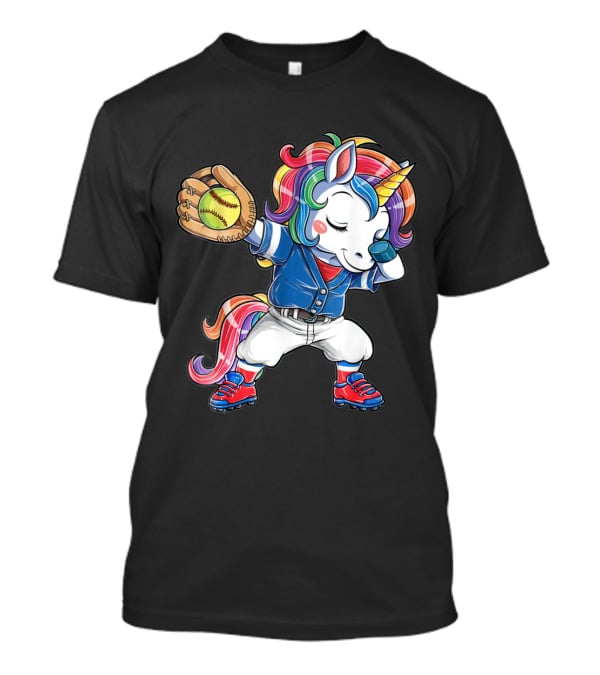 Unicorn Dabbing Rainbow Softball Player Catching Glove T-Shirt