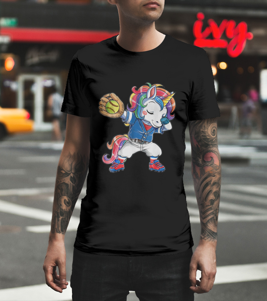 Unicorn Dabbing Rainbow Softball Player Catching Glove T-Shirt