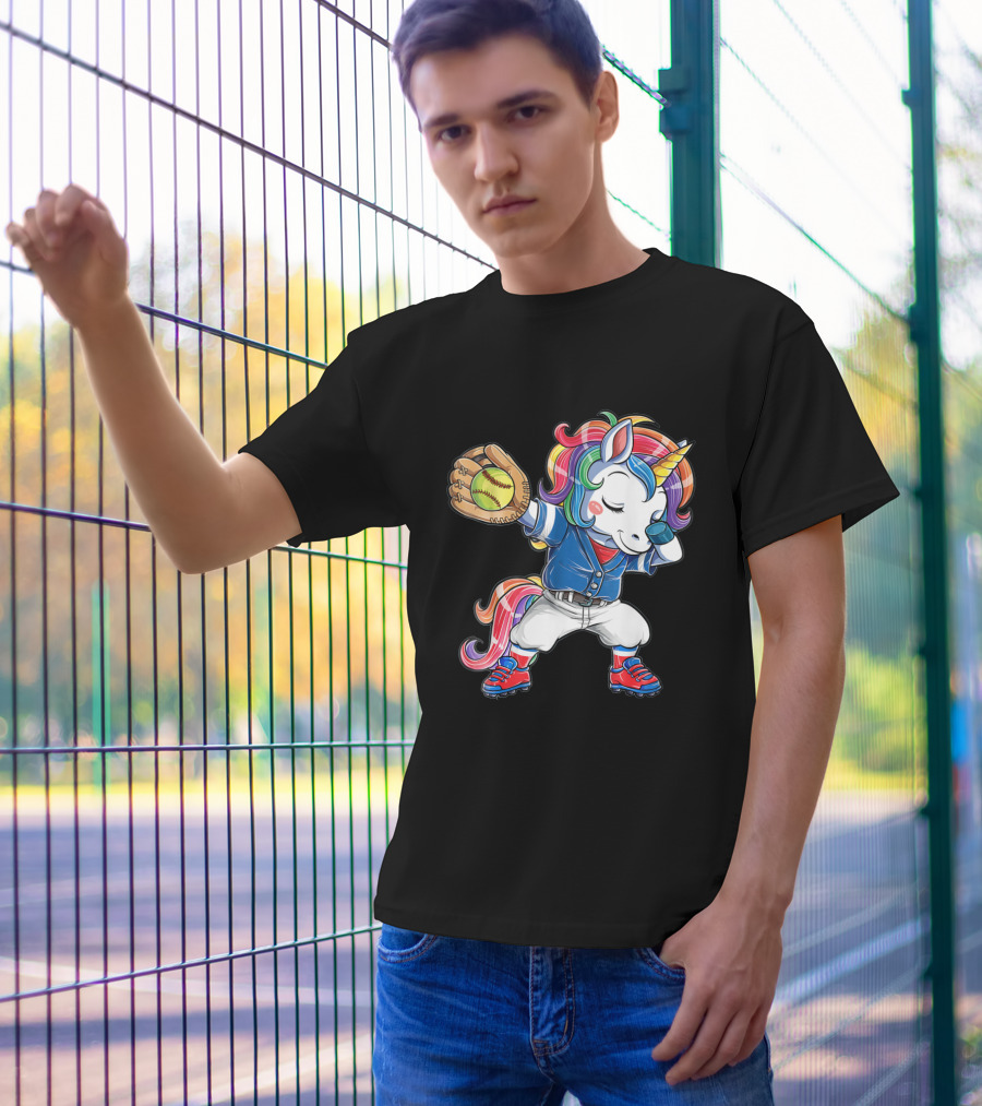 Unicorn Dabbing Rainbow Softball Player Catching Glove T-Shirt