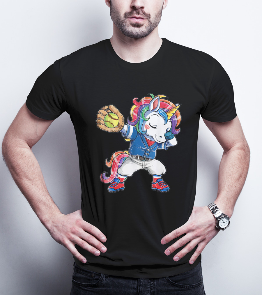 Unicorn Dabbing Rainbow Softball Player Catching Glove T-Shirt