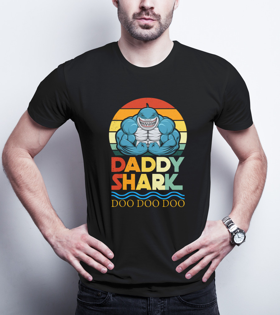 Daddy Shark Doo Doo Doo Retro Weight Lifting Shark T-Shirt