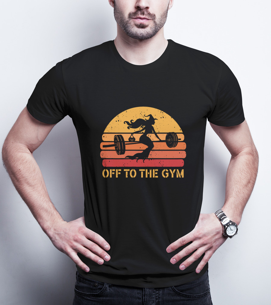 Witch Lifting Weights Off To The Gym Retro Sunset Fitness T-Shirt