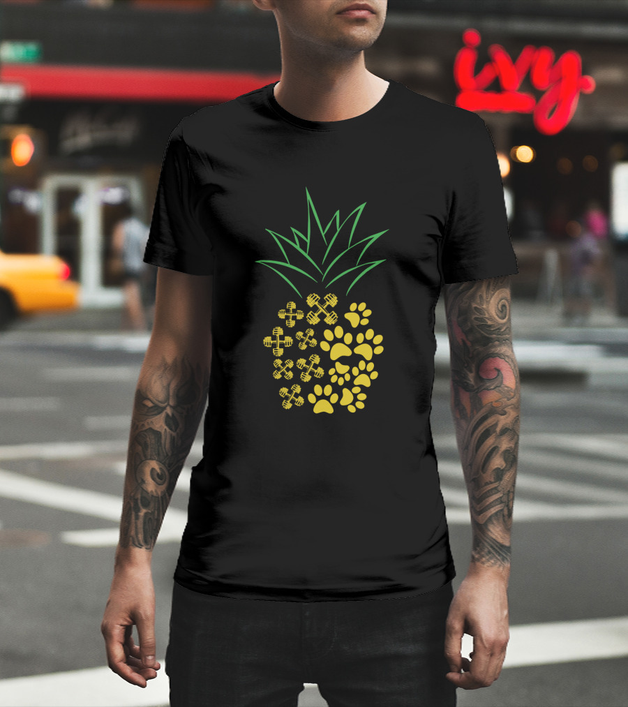 Weight Lifting Pineapple With Dumbbells And Paw Prints T-Shirt