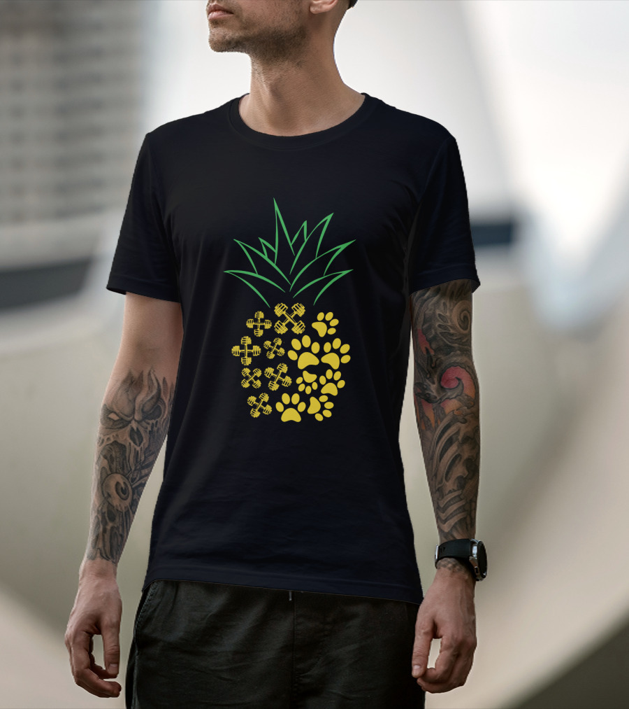 Weight Lifting Pineapple With Dumbbells And Paw Prints T-Shirt