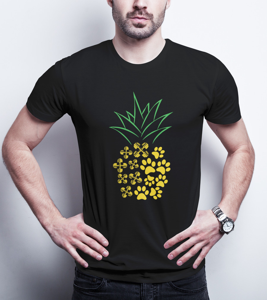 Weight Lifting Pineapple With Dumbbells And Paw Prints T-Shirt