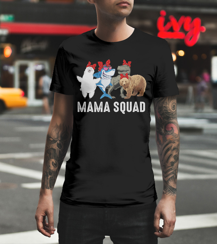 Mama Squad Llama Shark T-Rex Bear Red Bandana T-Shirt