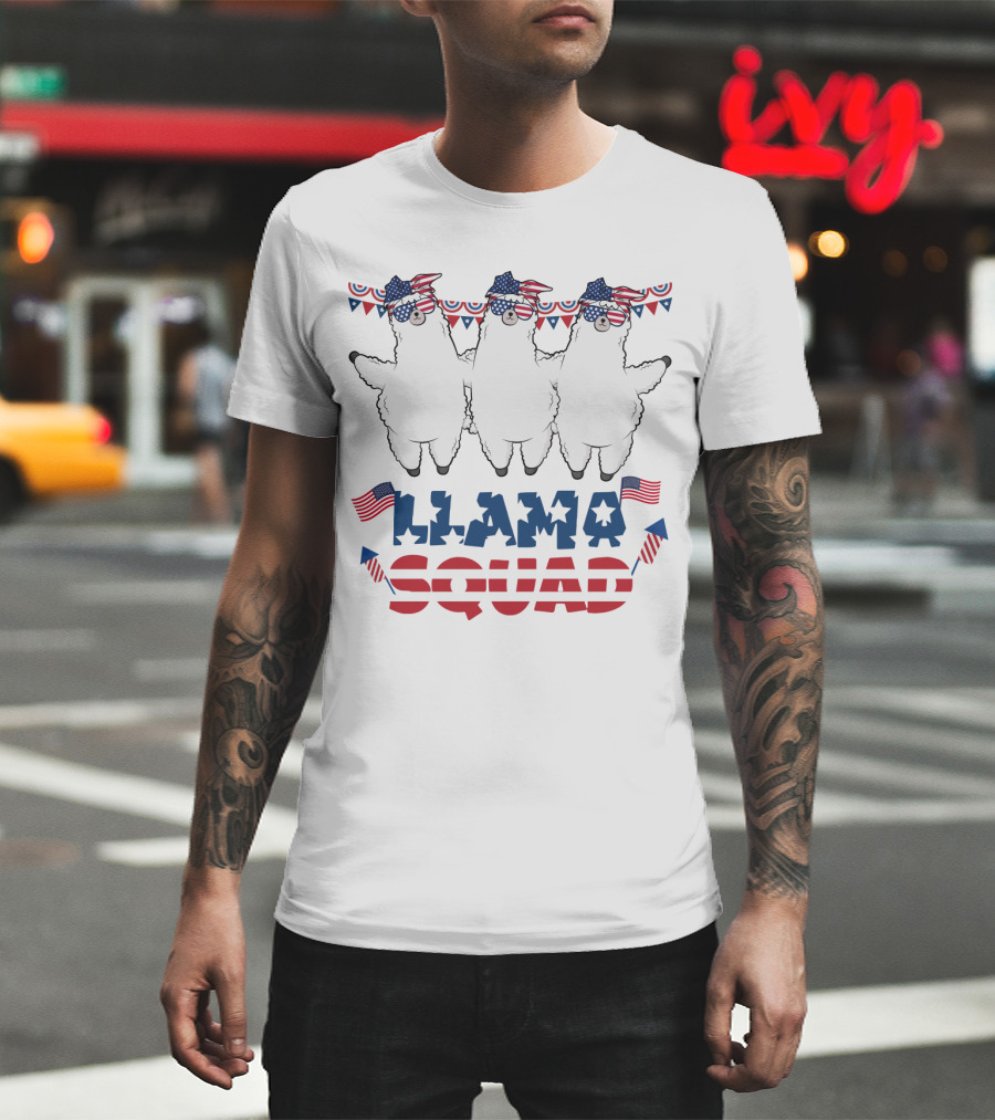 Llama Squad American Flag Bandana And Sunglasses T-Shirt