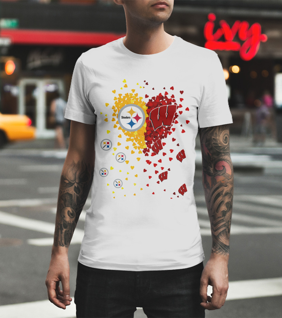 Steelers Logo And University Of Wisconsin Badgers Heart Design Featuring Yellow And Red Hearts T-Shirt
