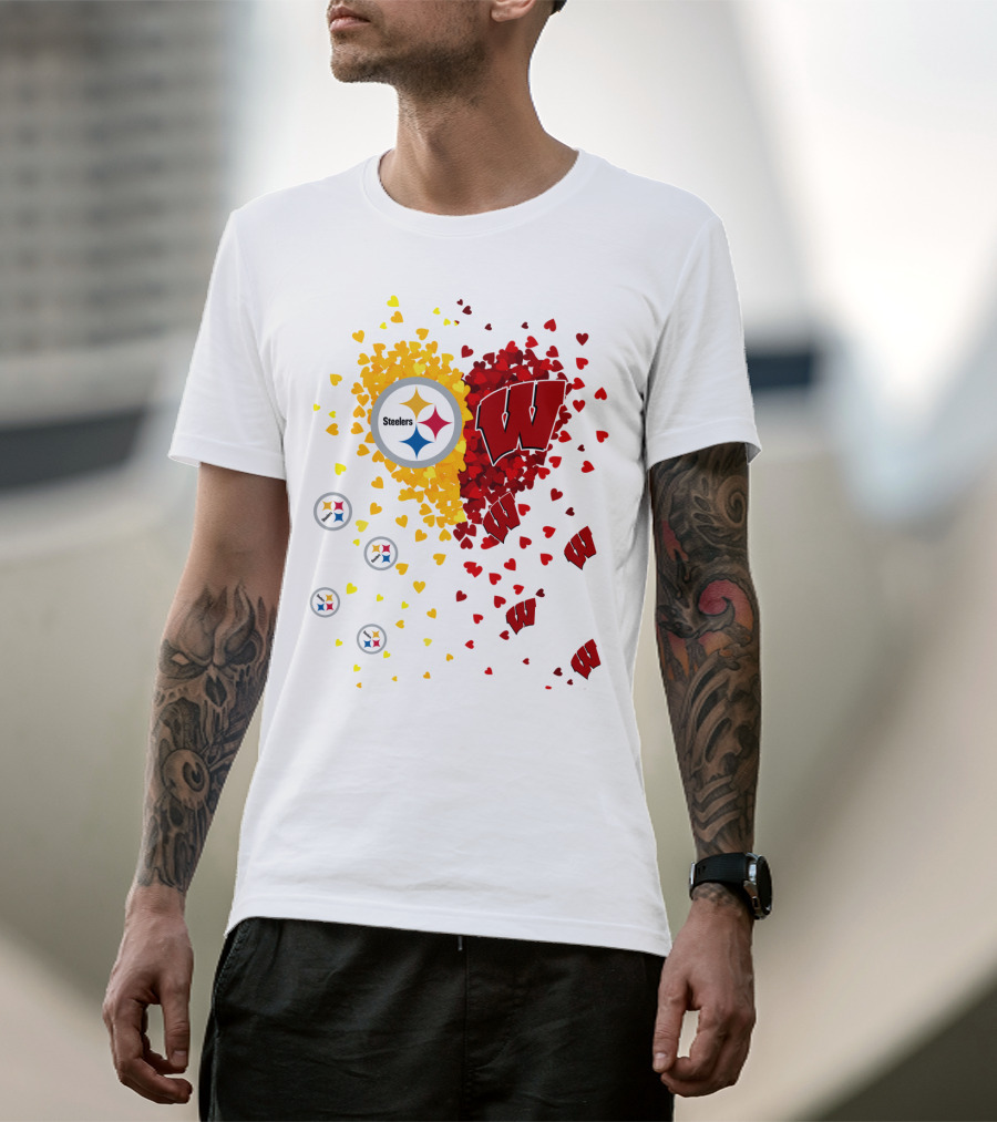 Steelers Logo And University Of Wisconsin Badgers Heart Design Featuring Yellow And Red Hearts T-Shirt