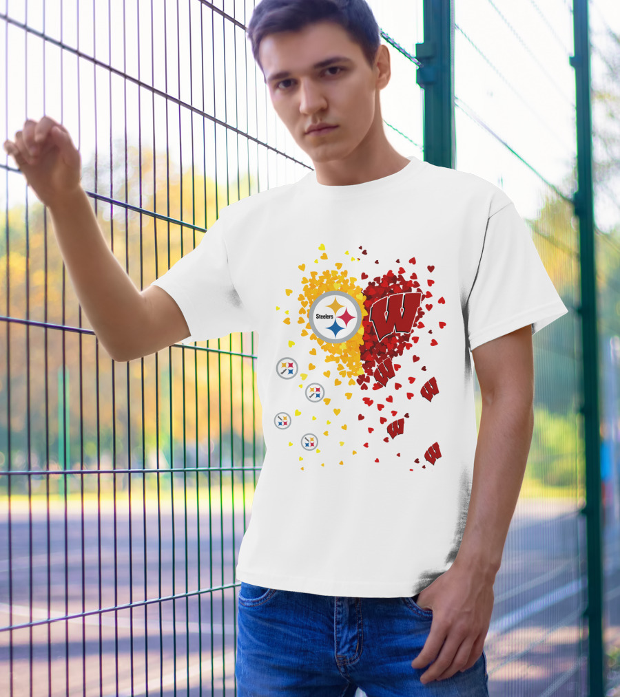 Steelers Logo And University Of Wisconsin Badgers Heart Design Featuring Yellow And Red Hearts T-Shirt