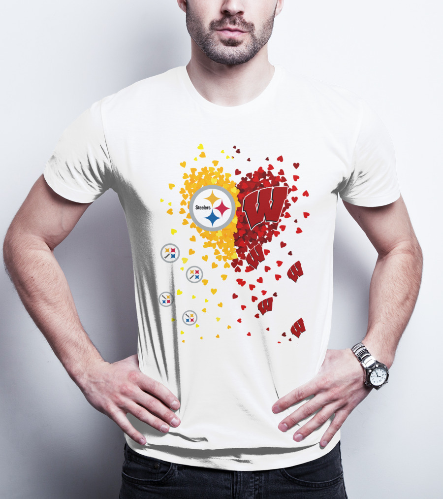 Steelers Logo And University Of Wisconsin Badgers Heart Design Featuring Yellow And Red Hearts T-Shirt