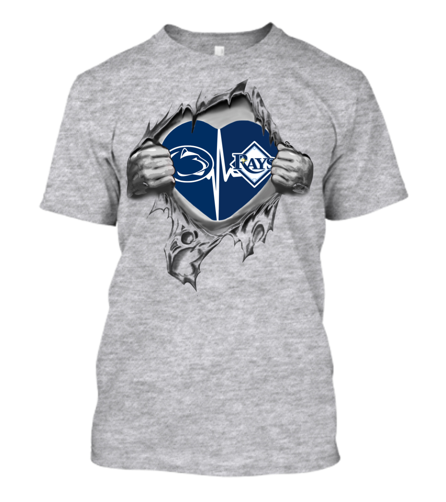 Tampa Bay Rays Penn State Heartbeat Design With Hands Tearing Grey Background T-Shirt