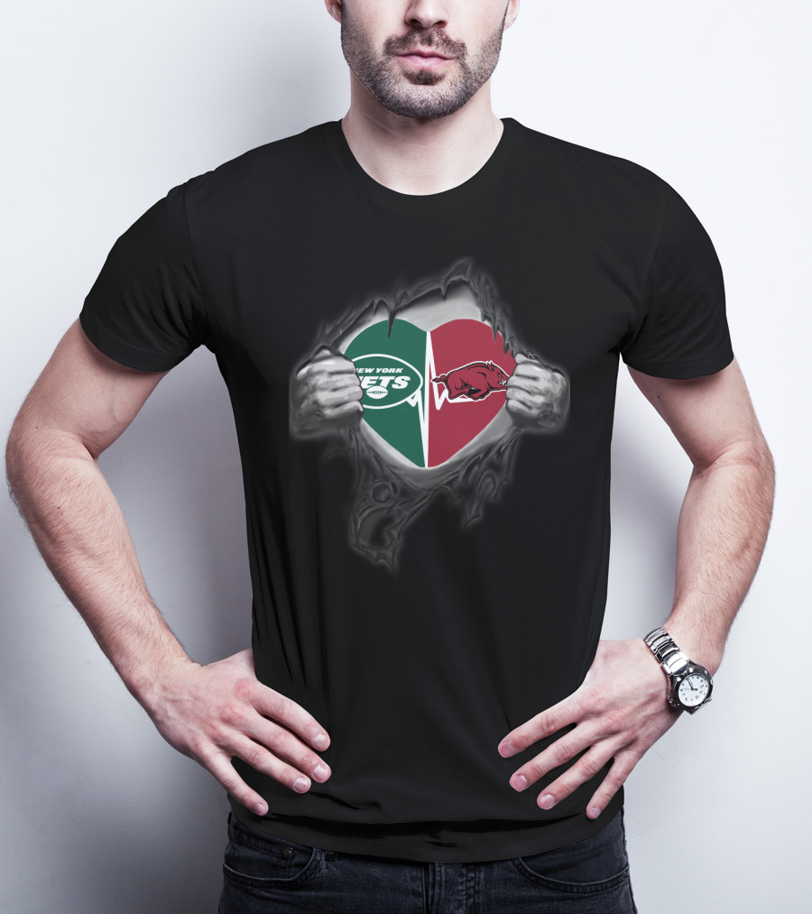New York Jets Arkansas Razorbacks Heart Torn T-Shirt