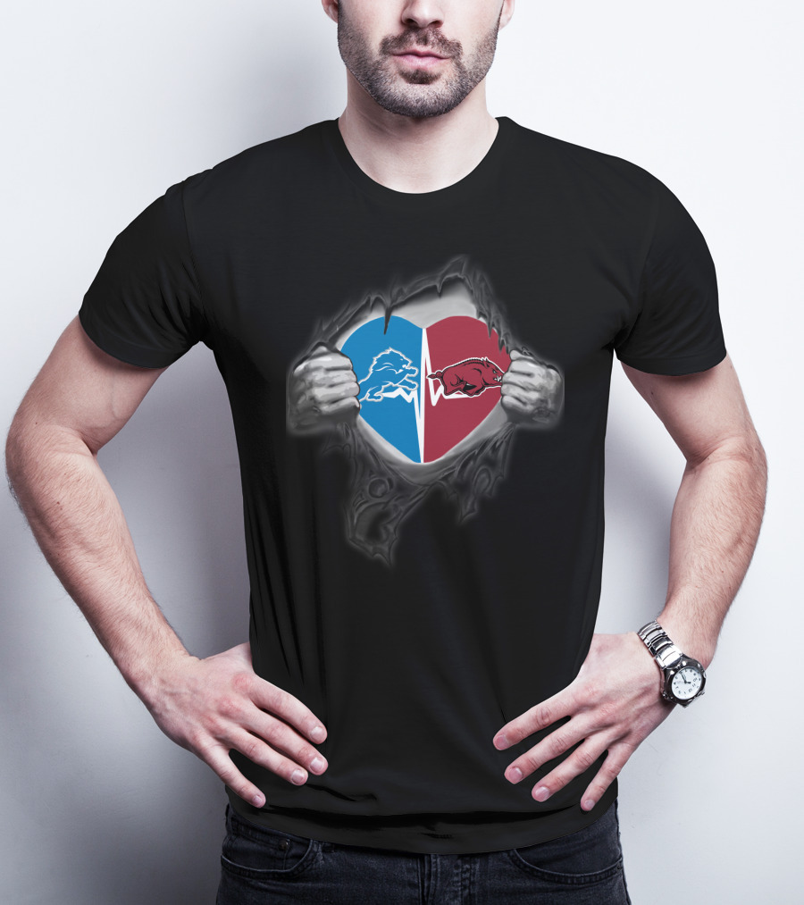 Detroit Lions Arkansas Razorbacks Heart Tear T-Shirt