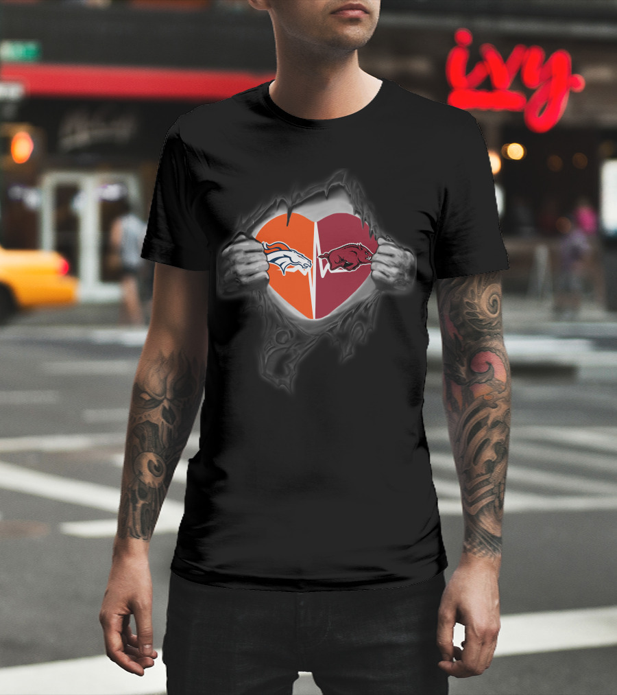 Denver Broncos Arkansas Razorbacks Heart Logo Fusion T-Shirt