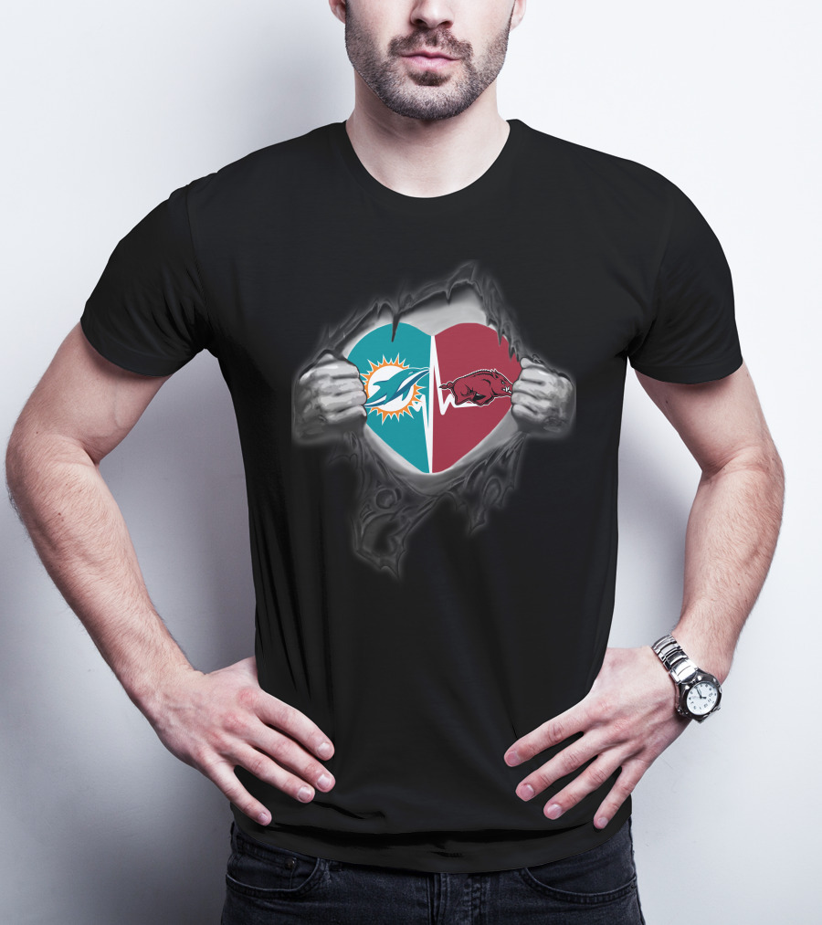 Miami Dolphins Arkansas Razorbacks Heart Ripped T-Shirt