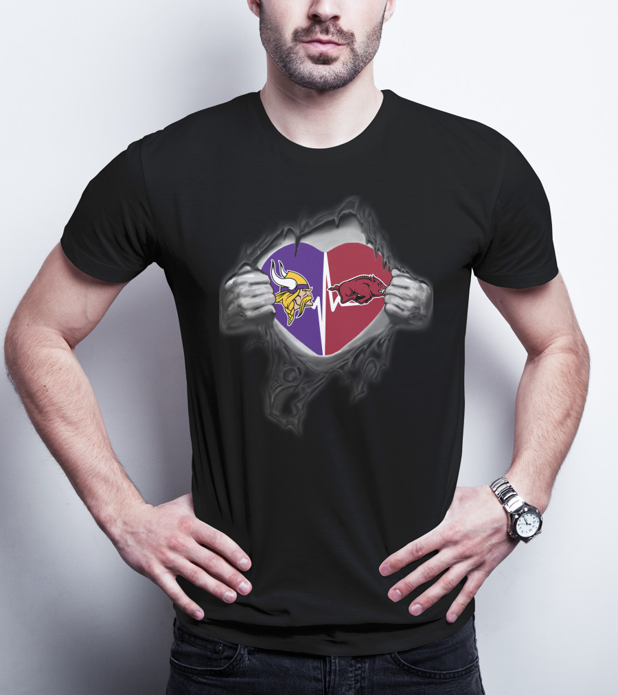 Minnesota Vikings Arkansas Razorbacks Heart Rip Logo Fusion T-Shirt