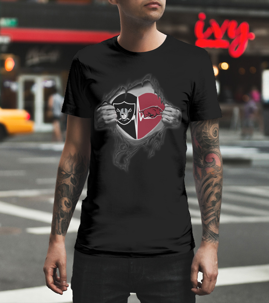 Oakland Raiders Arkansas Razorbacks Heartbeat Fan T-Shirt