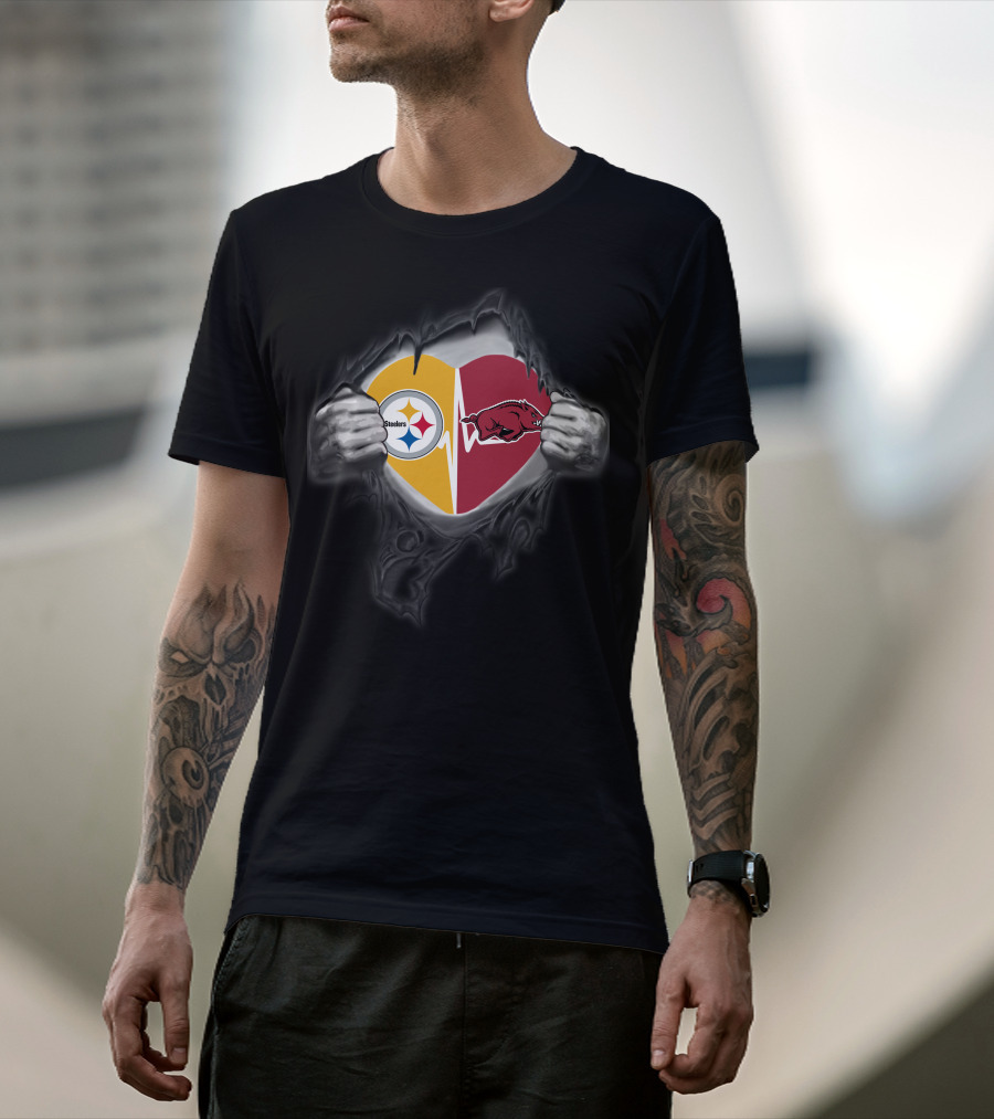 Pittsburgh Steelers Arkansas Razorbacks Heartbeat Logo Fusion T-Shirt