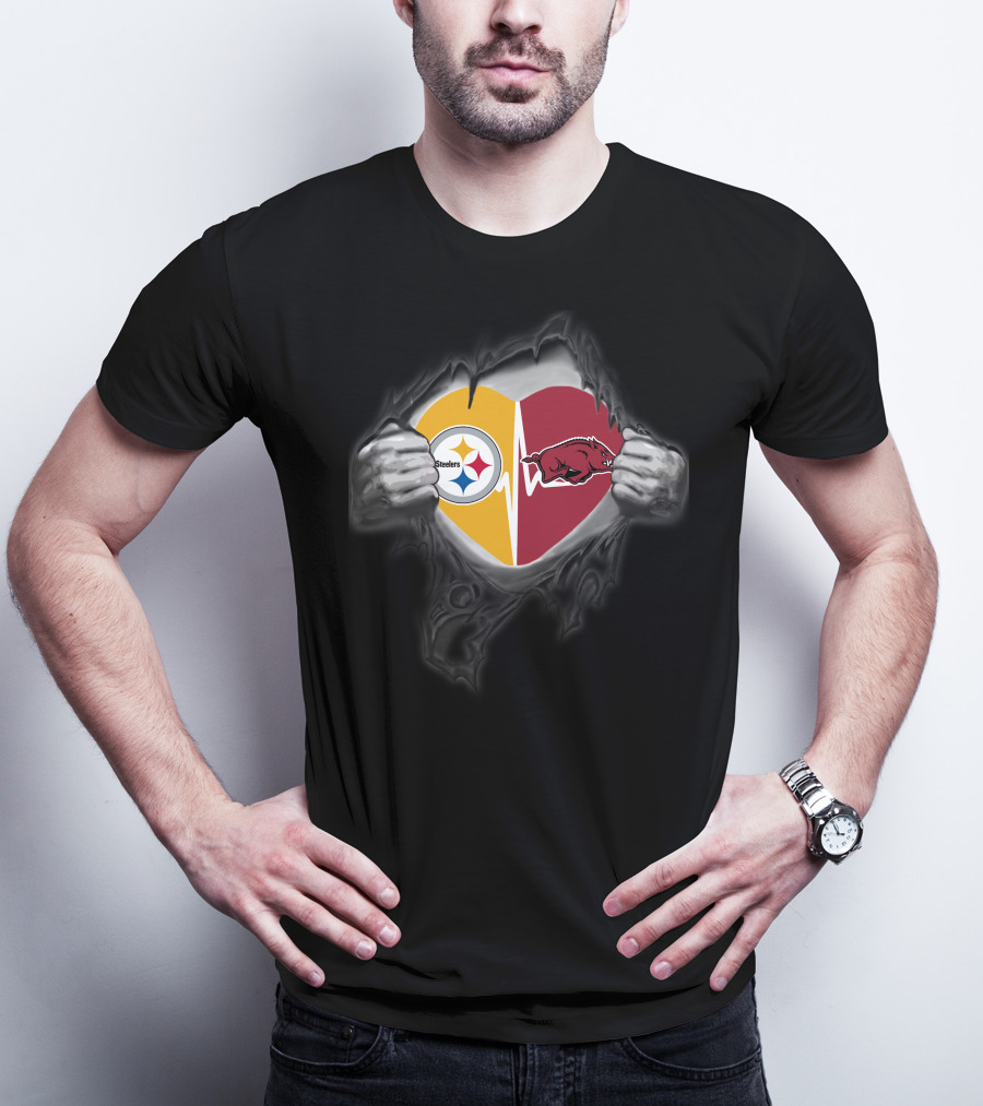 Pittsburgh Steelers Arkansas Razorbacks Heartbeat Logo Fusion T-Shirt