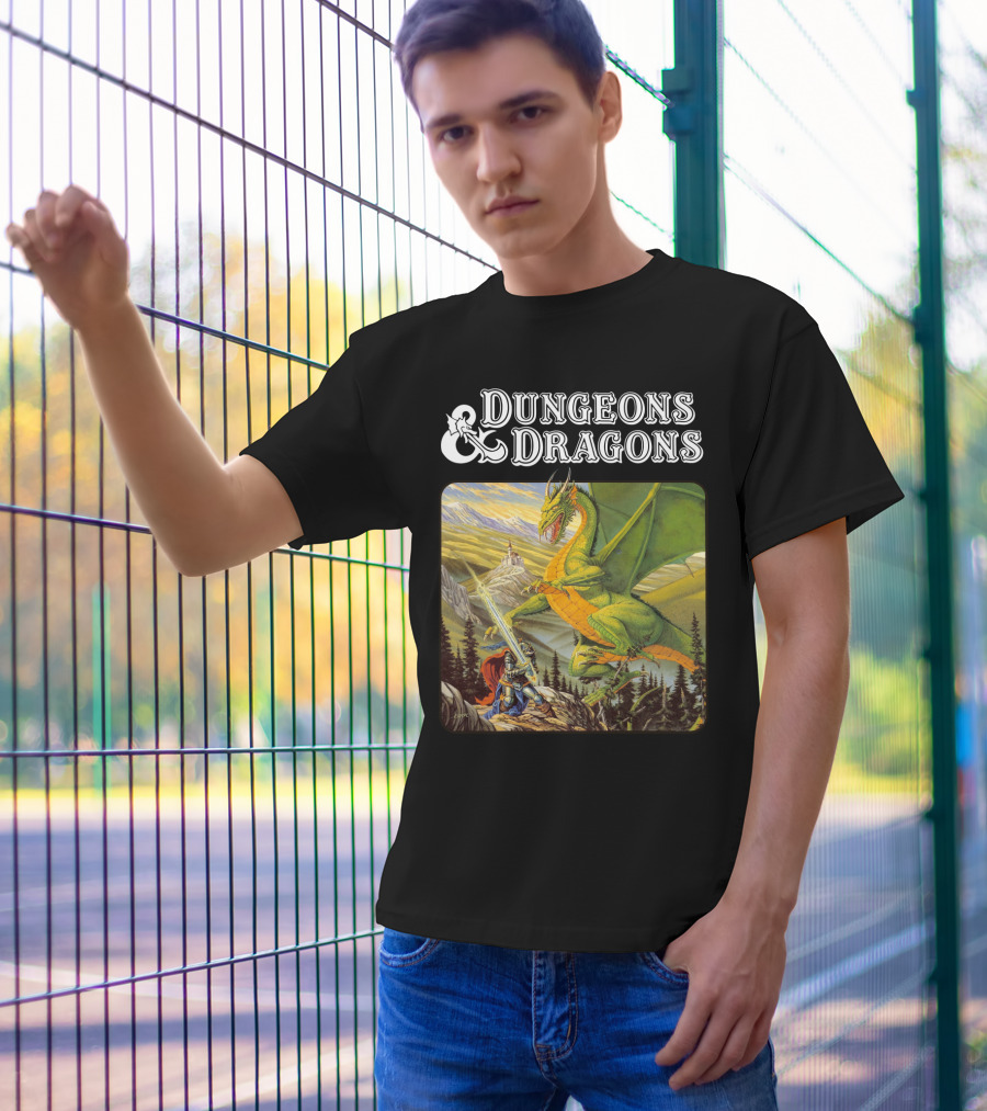 Dungeons And Dragons Knight Battling Green Dragon Scene T-Shirt