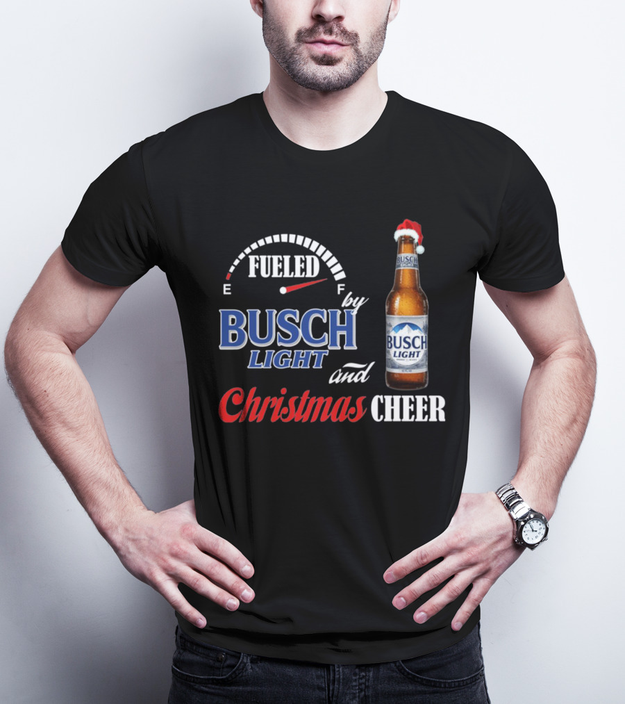 Fueled By Busch Light Christmas Cheer Beer Bottle Santa Hat T-Shirt