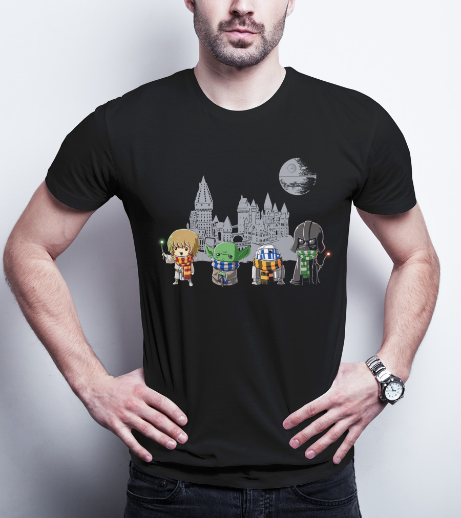 Star Wars Hogwarts Crossover With Luke Yoda R2-D2 And Darth Vader In House Scarves T-Shirt