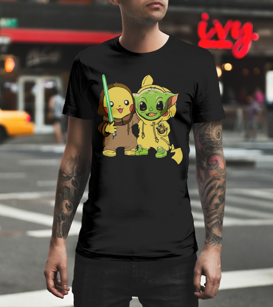 Baby Yoda Pikachu With Lightsaber Jedi Hoodie Duo T-Shirt