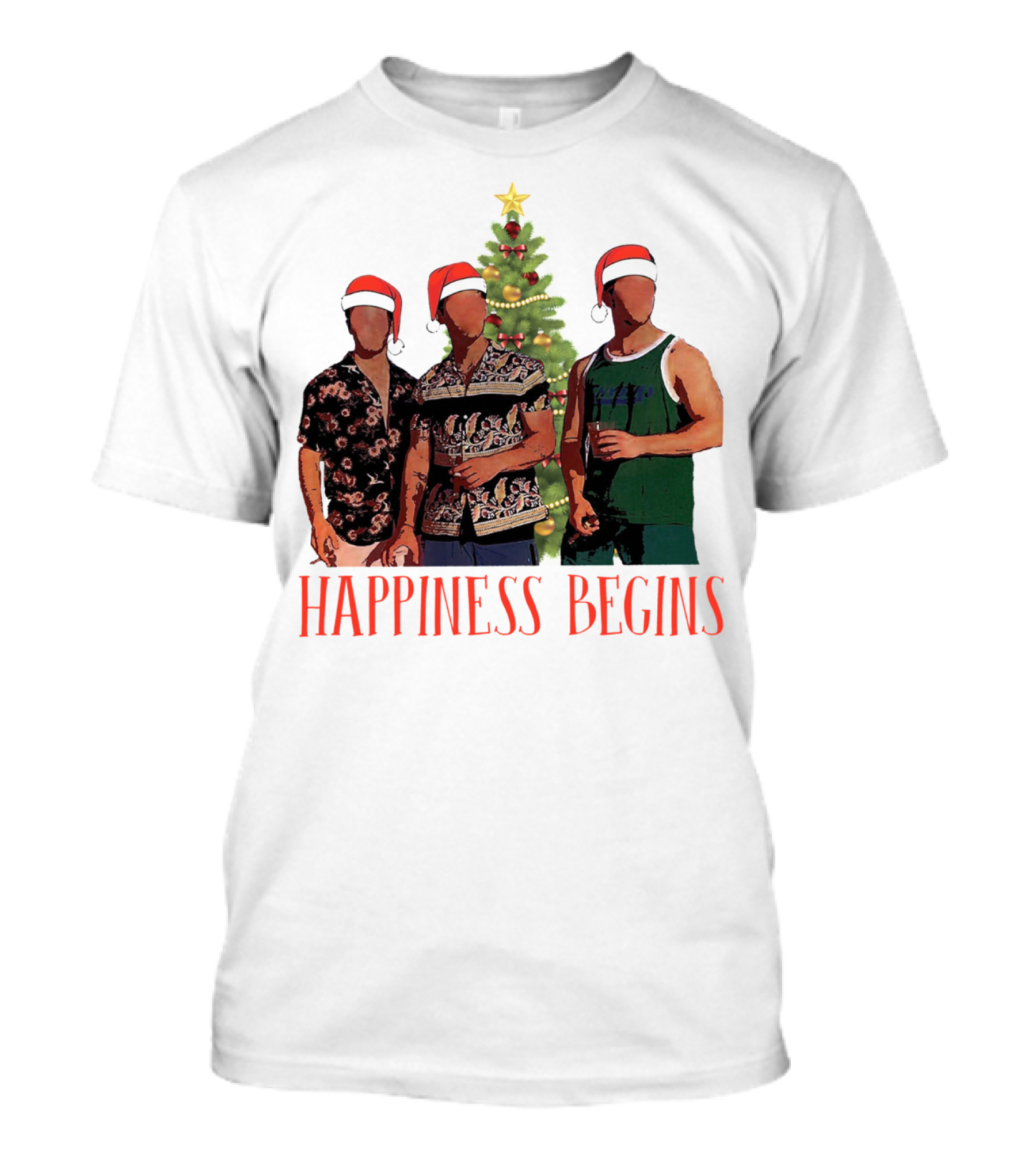 Happiness Begins Santa Trio With Christmas Tree T-Shirt