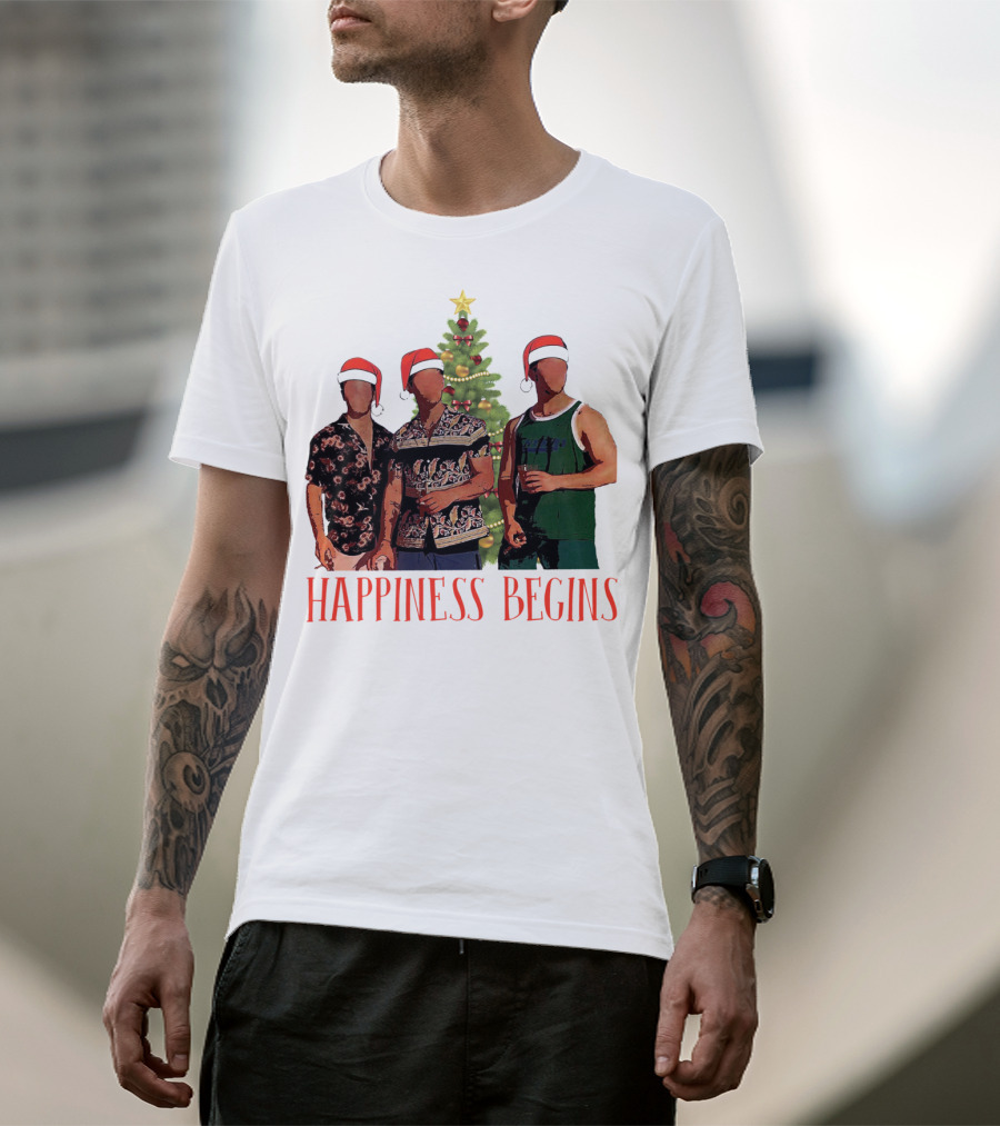 Happiness Begins Santa Trio With Christmas Tree T-Shirt