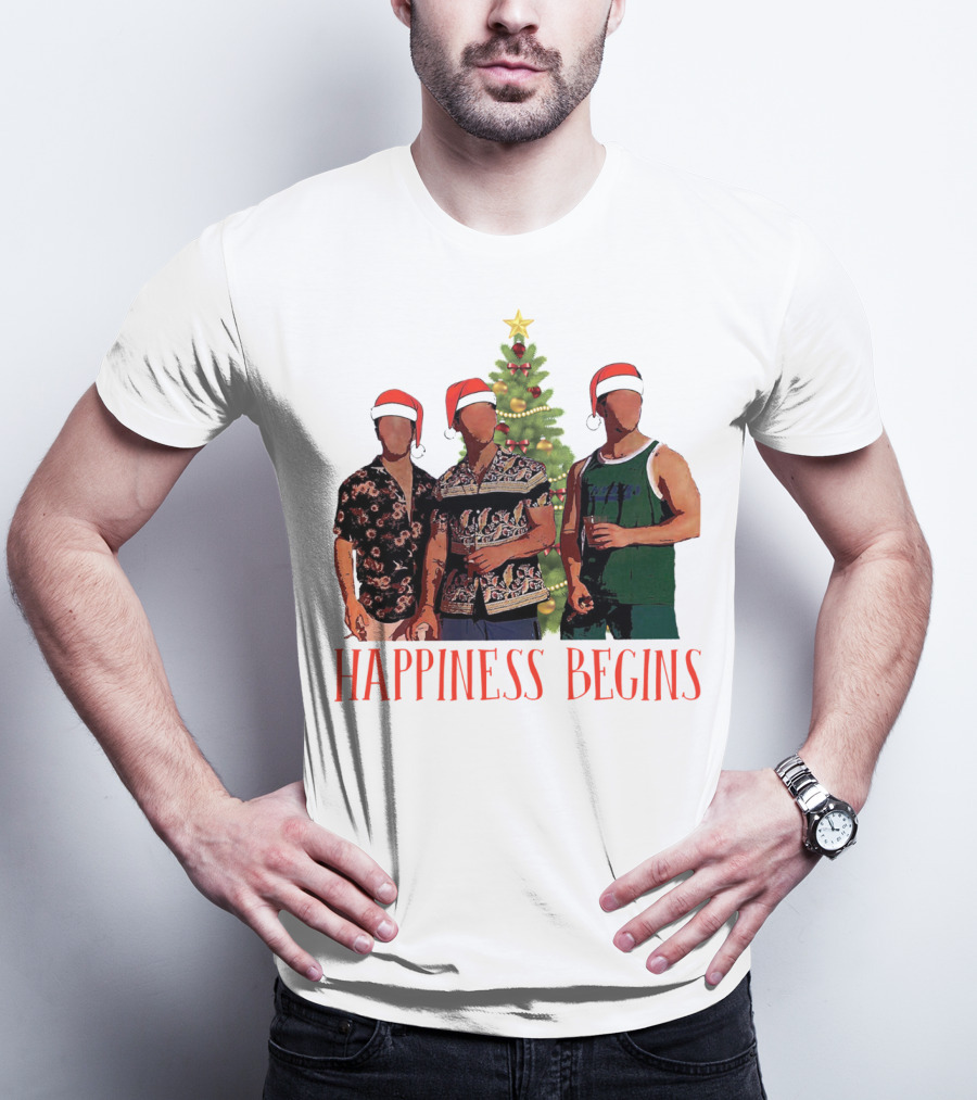 Happiness Begins Santa Trio With Christmas Tree T-Shirt