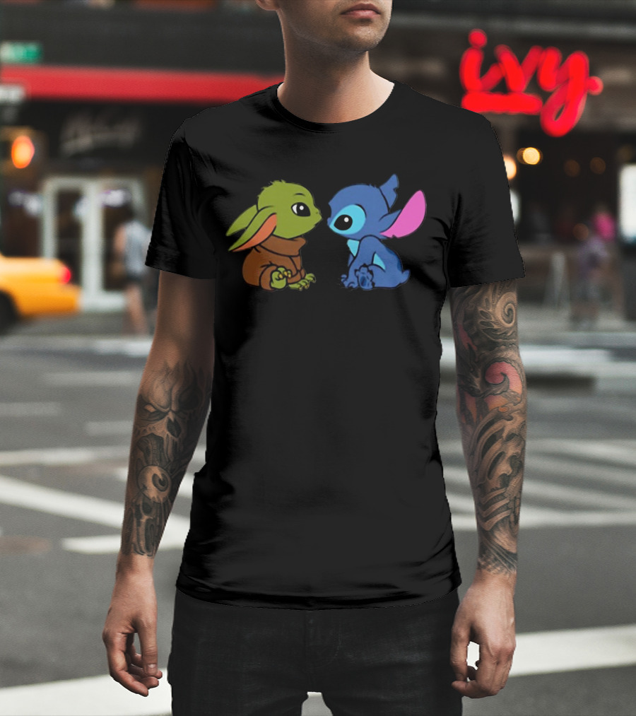 Baby Yoda And Baby Stitch Cute Characters Crossover T-Shirt