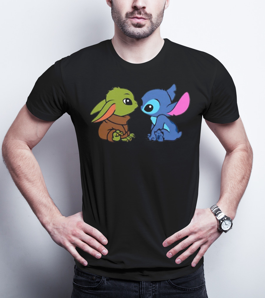 Baby Yoda And Baby Stitch Cute Characters Crossover T-Shirt