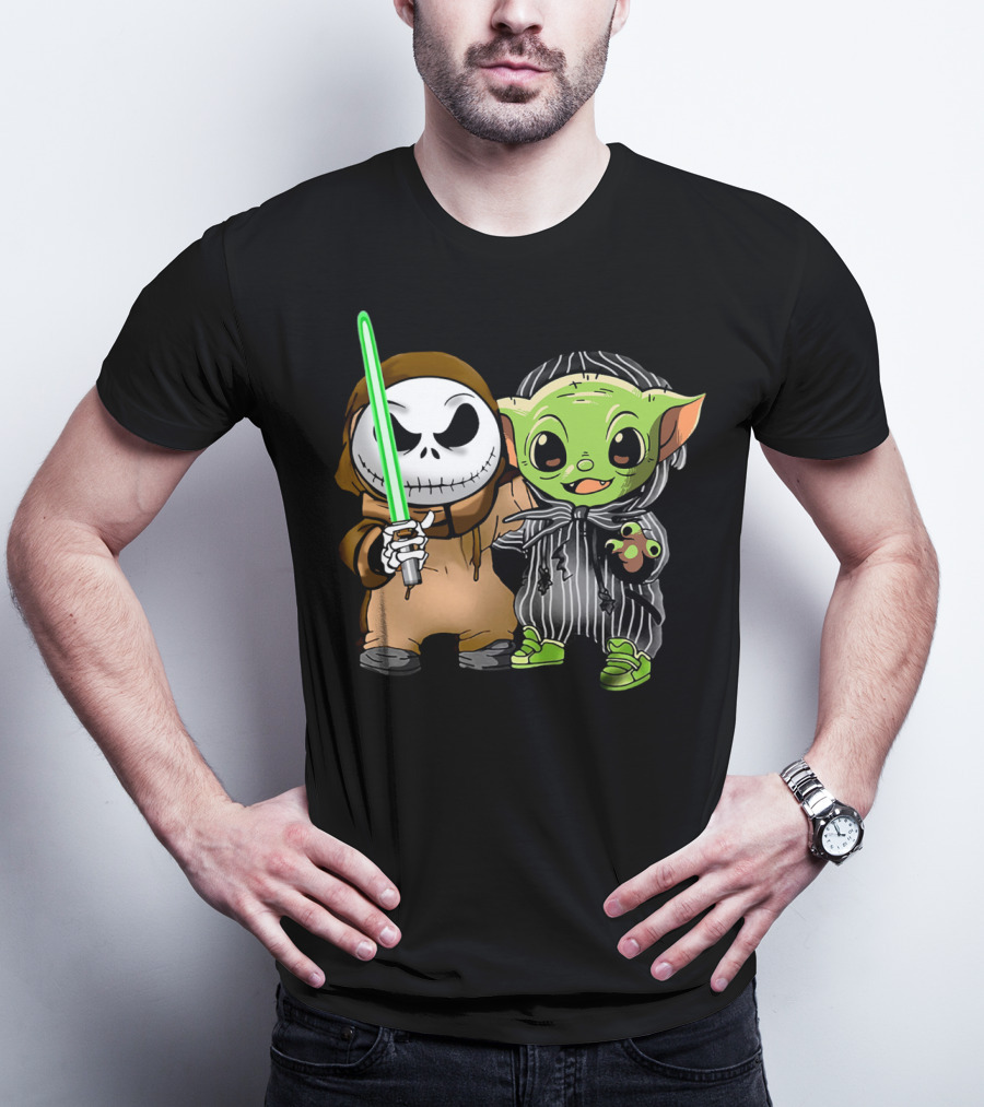 Jack Skellington In Jedi Robe And Baby Yoda In Striped Suit With Lightsaber T-Shirt