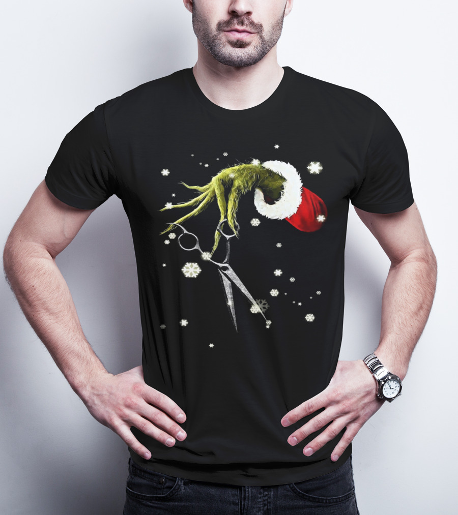 Grinch Hand Holding Scissors Santa Hat Snowflakes T-Shirt