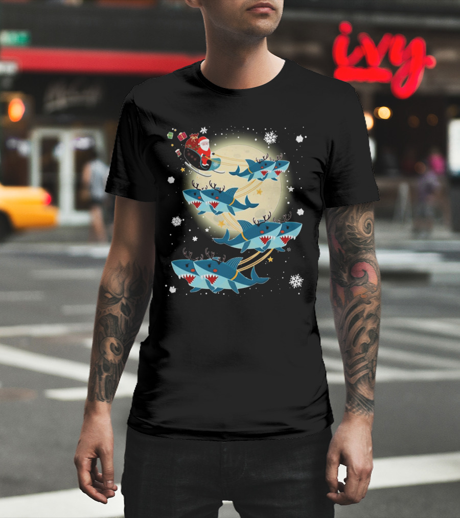 Santa Claus Riding Shark Reindeer Full Moon Snowflakes T-Shirt