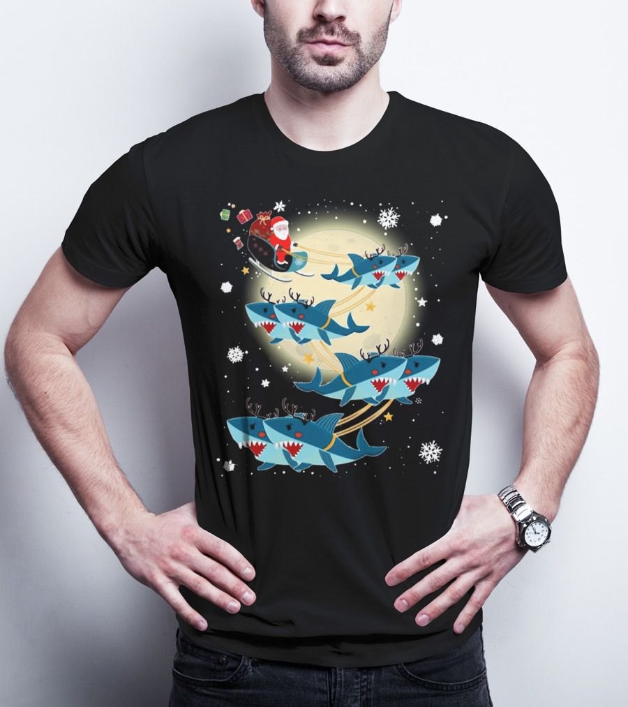 Santa Claus Riding Shark Reindeer Full Moon Snowflakes T-Shirt