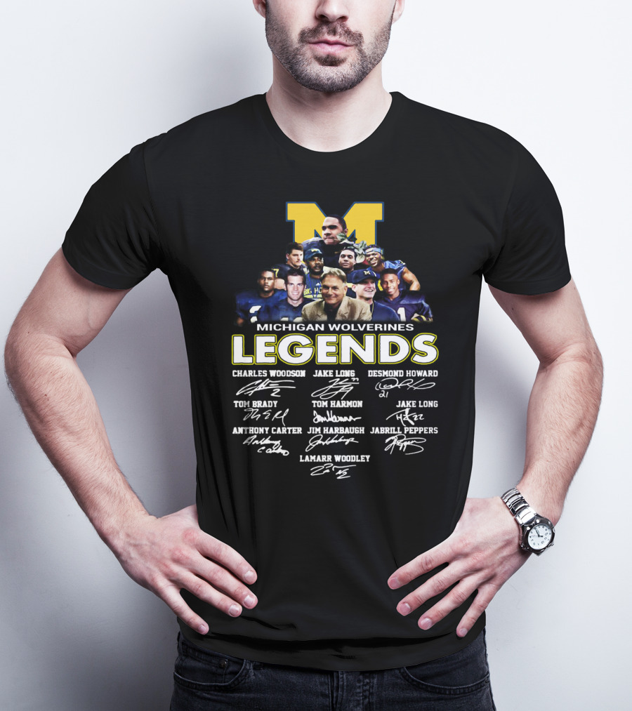 Michigan Wolverines Legends Charles Woodson Desmond Howard Tom Brady Jim Harbaugh Signatures T-Shirt