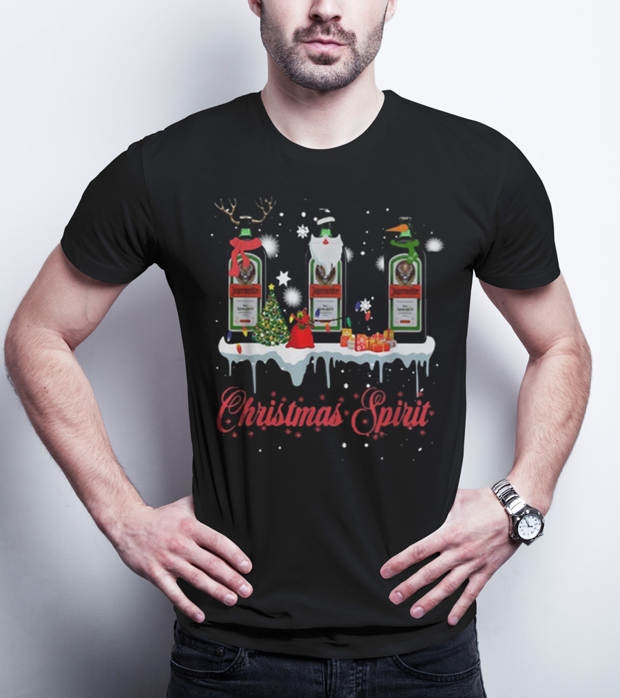 Christmas Spirit Jagermeister Bottles With Holiday Decorations And Snowflakes T-Shirt