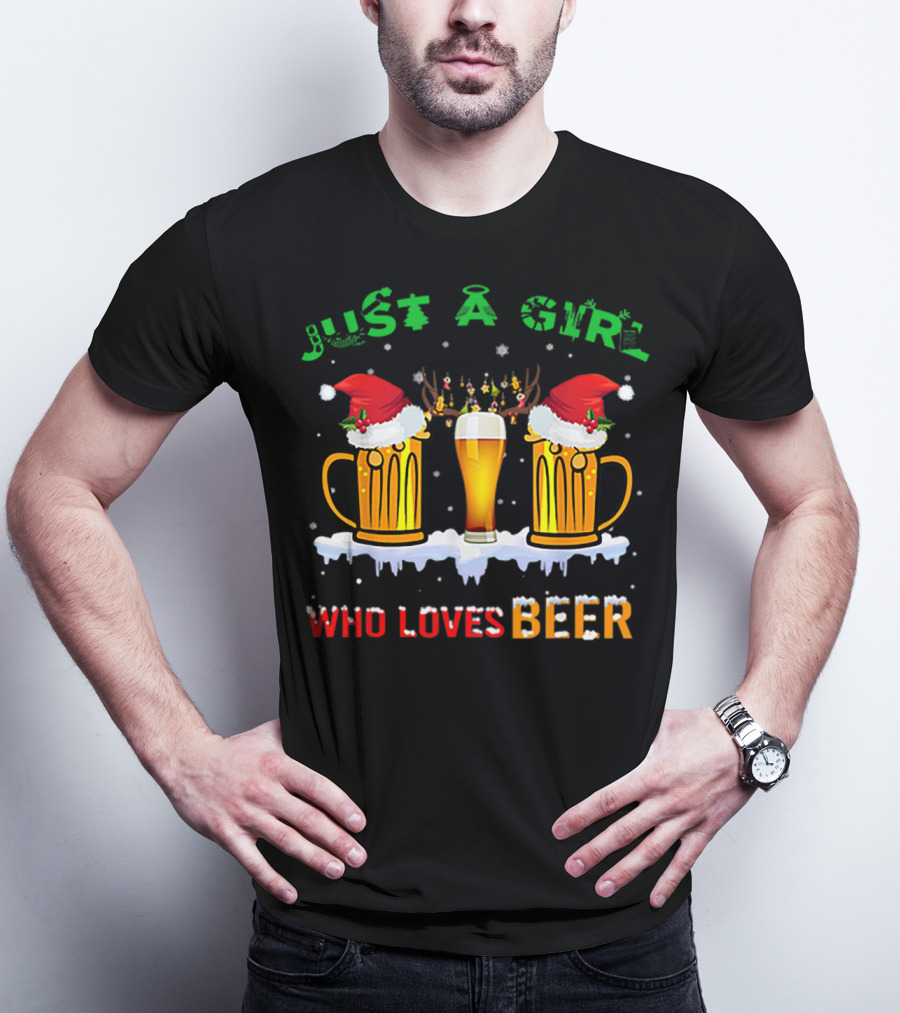 Just A Girl Who Loves Beer Christmas Santa Hats Reindeer T-Shirt