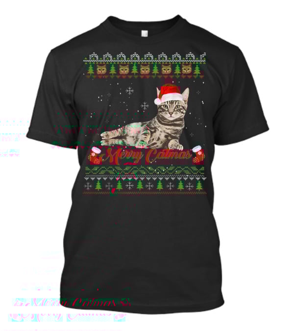 Merry Catmas Christmas Cat Santa Hat Festive Design With Christmas Trees And Stockings T-Shirt