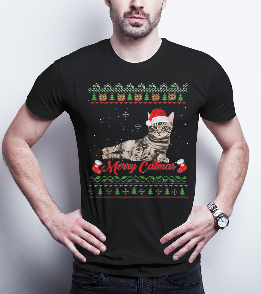 Merry Catmas Christmas Cat Santa Hat Festive Design With Christmas Trees And Stockings T-Shirt