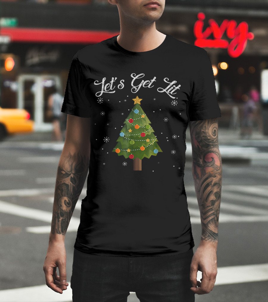 Let's Get Lit Funny Christmas Tree Drinking Holiday Party T-Shirt