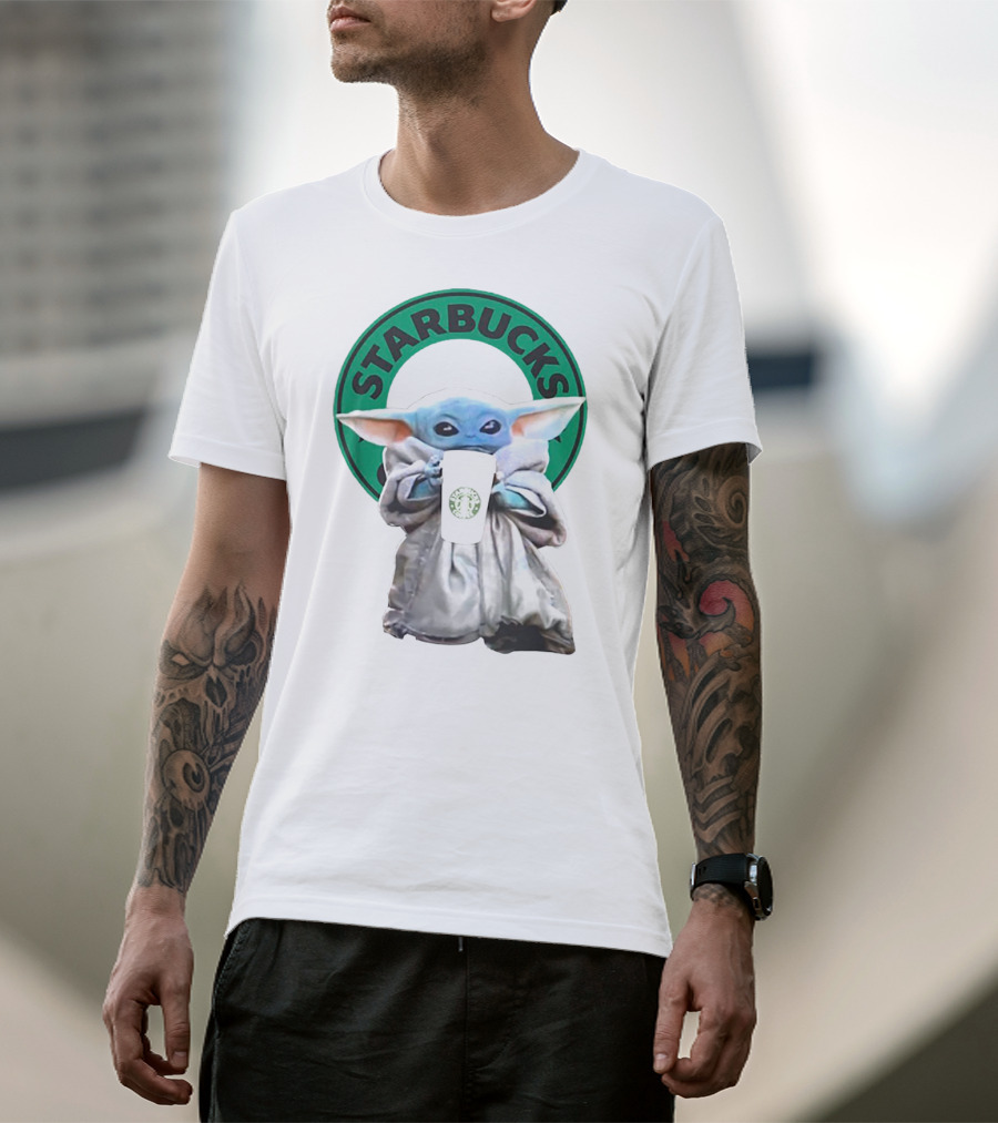 Star Wars Baby Yoda Holding Starbucks Coffee Cup T-Shirt