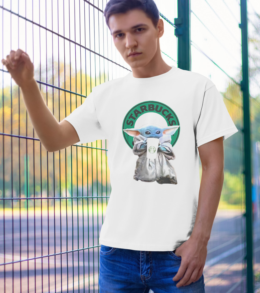Star Wars Baby Yoda Holding Starbucks Coffee Cup T-Shirt